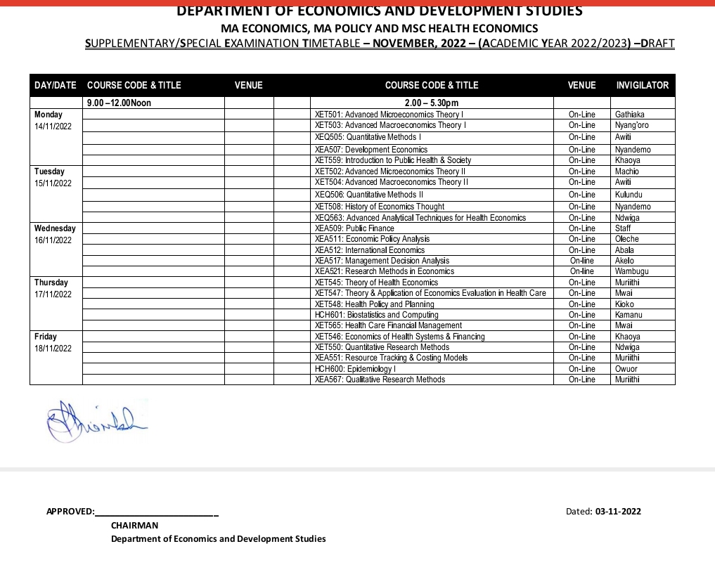 SUPPLEMENTARY/SPECIAL EXAMS TIMETABLE-NOVEMBER 2022( ACADEMIC YEAR 2022 ...